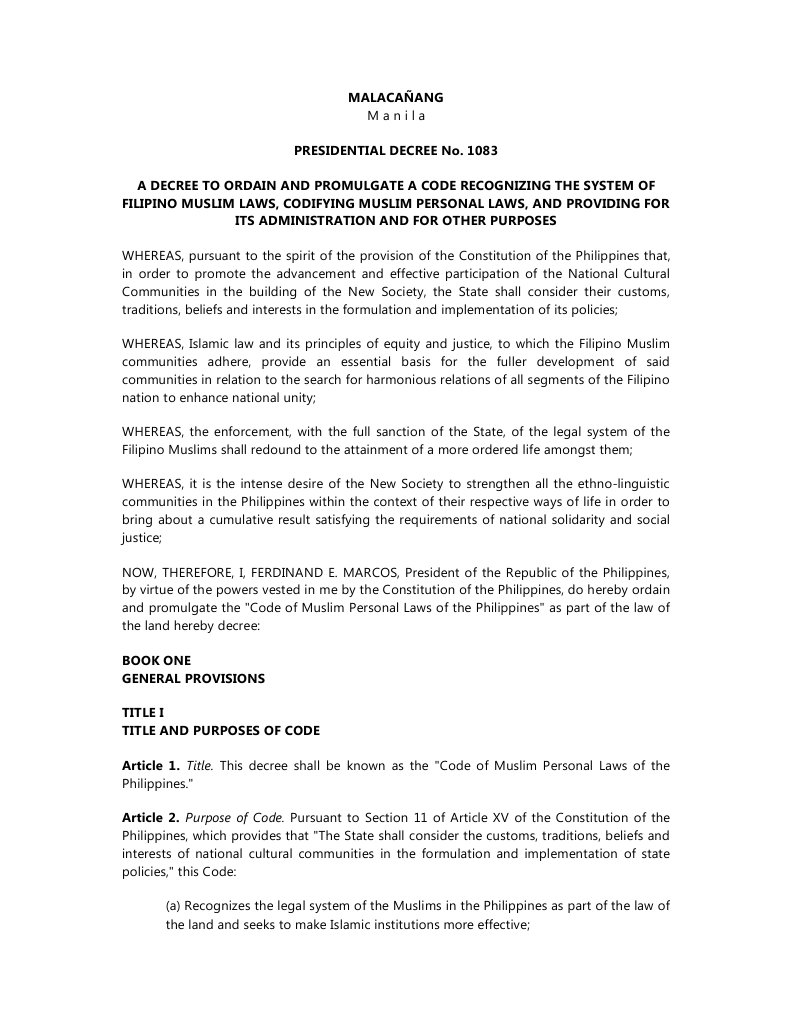 Presidential Decree No. 1083 Muslim Laws | PDF | Marriage | Sharia