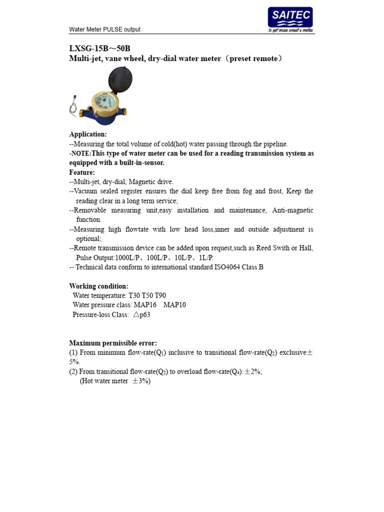 Pulse Output Water Meter Specifications Pdf Flow Measurement