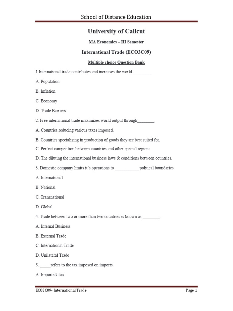 International Trade MCQs and Answers | PDF | Tariff | Non Tariff ...