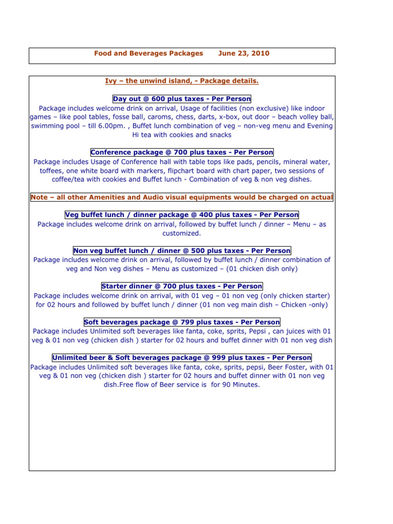 Ivy - Food and Beverages - Packages. | PDF | Lunch | Buffet