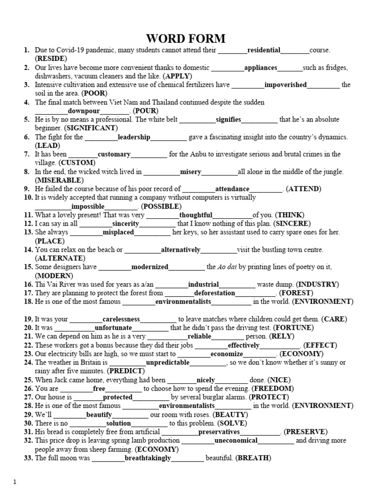 Key To 8 17 Word Form | PDF