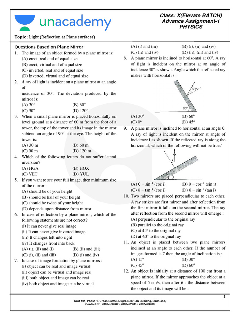 A1 Light (Reflection at Plane Surfaces) Elevate 1 Advance Assignment | PDF | Mirror | Reflection ...