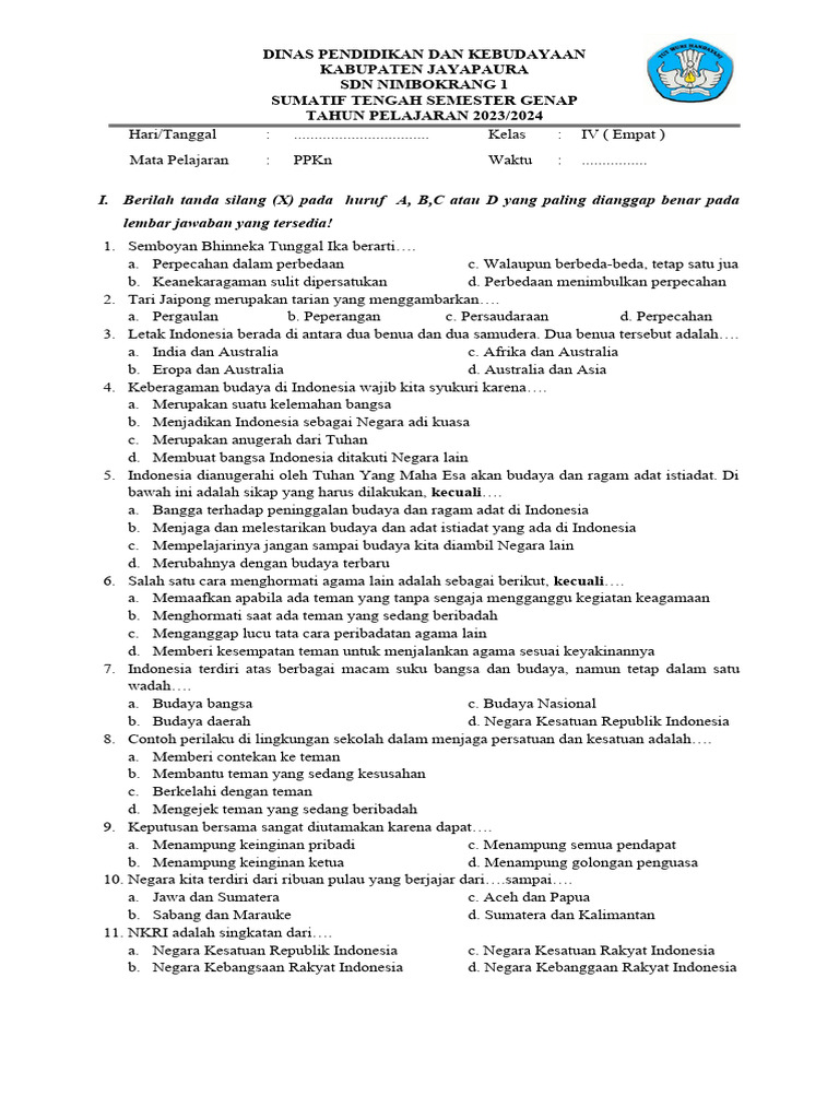 PTS PKN KLS 4 Genap 2024 | PDF