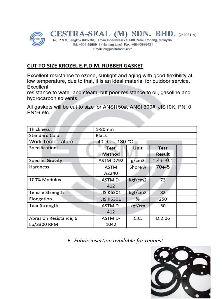 Krozel EPDM Rubber Gasket Specs | PDF