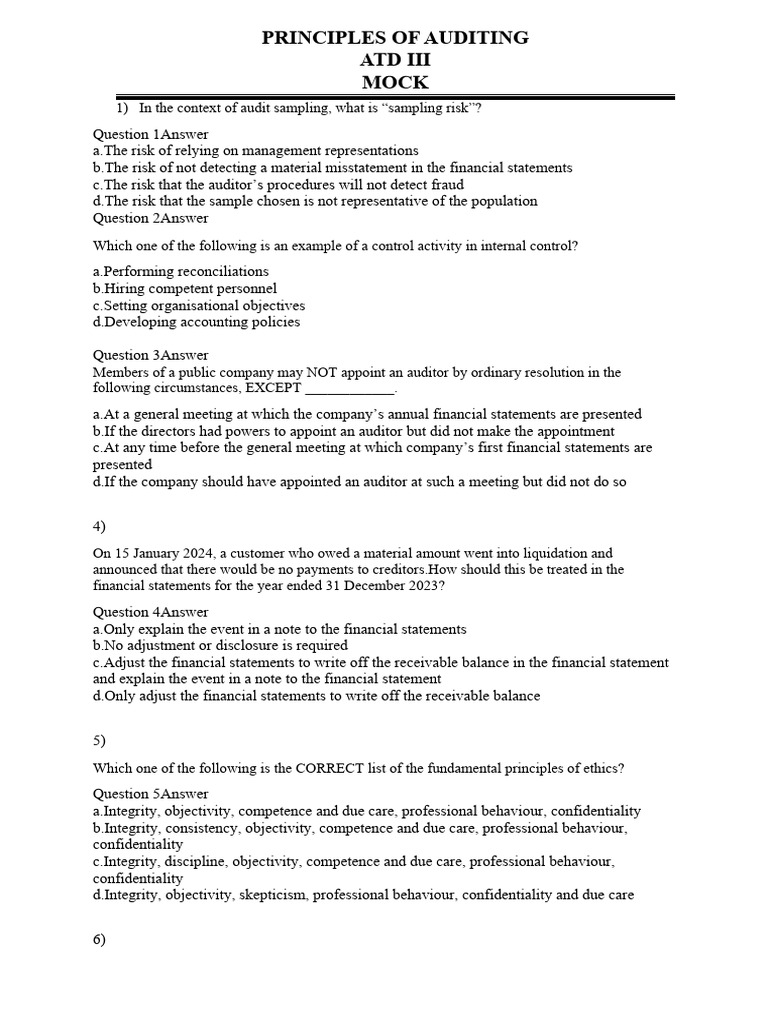 Principles of Auditing Mock | PDF | Audit | Financial Audit