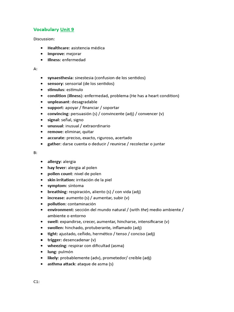 Vocabulario de Salud y Enfermedades | PDF