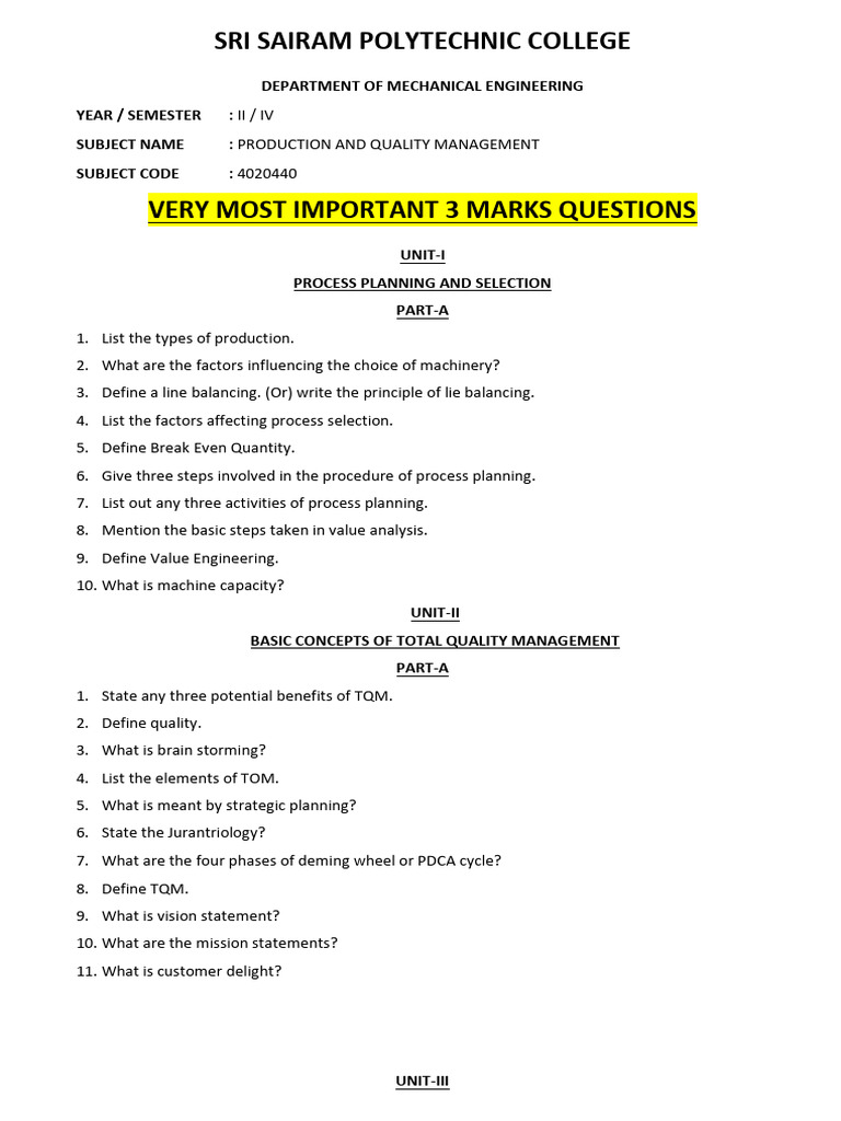 PQM 3 Marks Important QP | PDF | Lean Manufacturing | Six Sigma