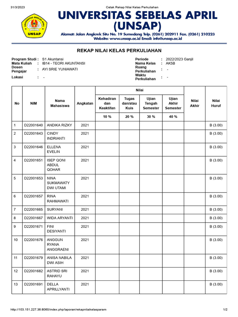 Rekap Nilai Kelas Perkuliahan | PDF