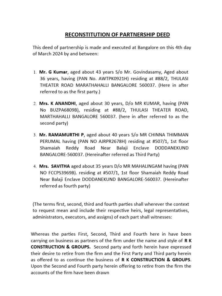 Partnership Deed Reconstitution 2024 | PDF | Interest | Partnership