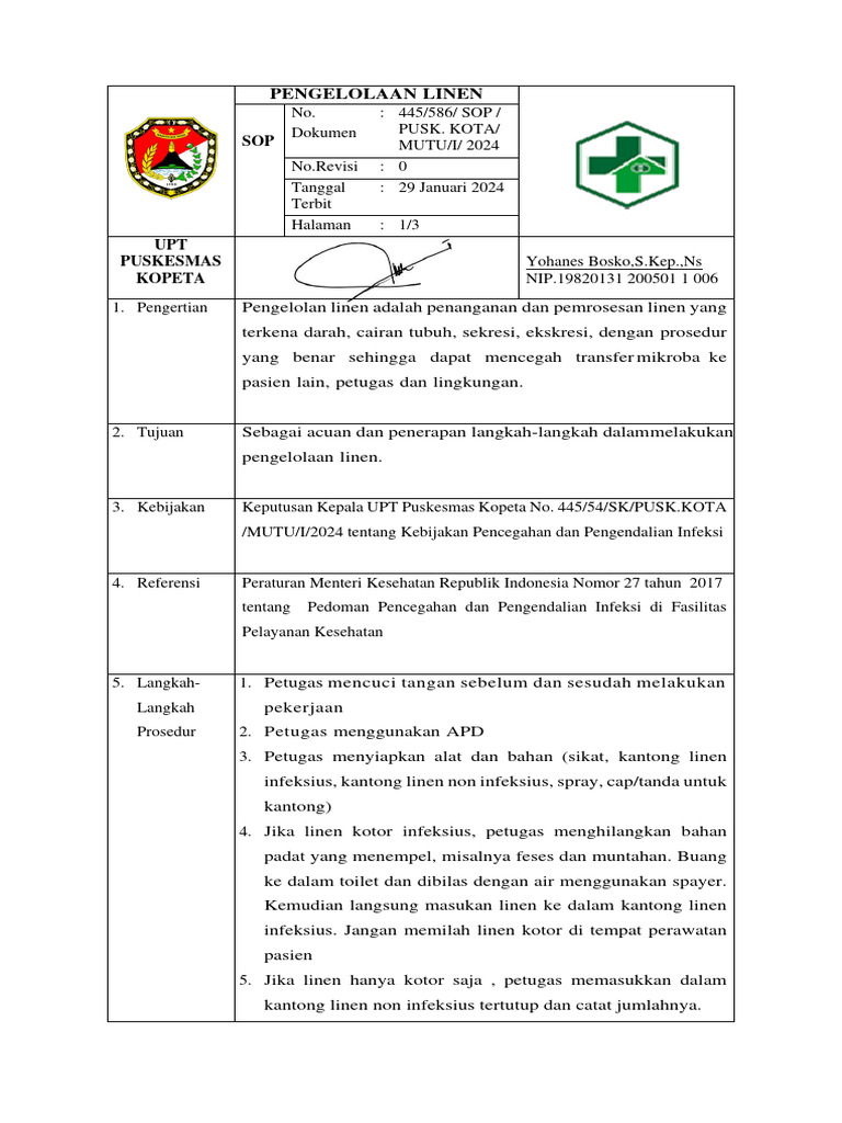 SOP Pengelolaan Linen | PDF