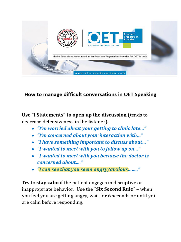 Managing Difficult OET Speaking Conversations | PDF | Psychology ...