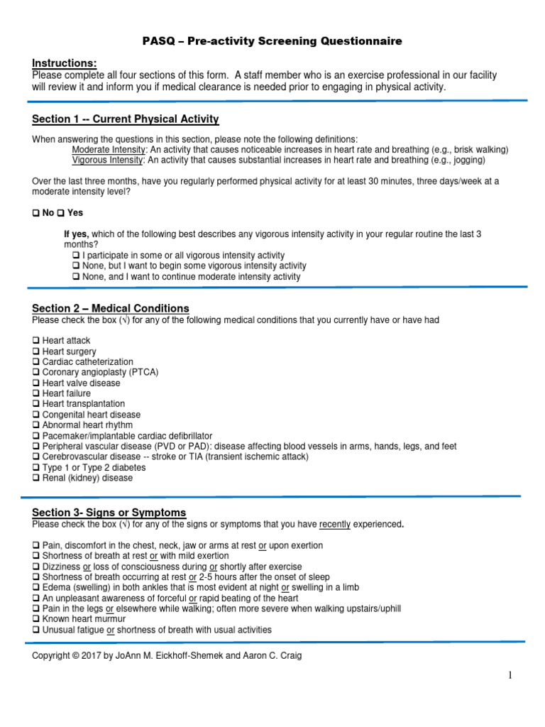 Sbcc-Fitness-Center-Pre-Activity-Screening-Questionnaire PASQ | PDF ...
