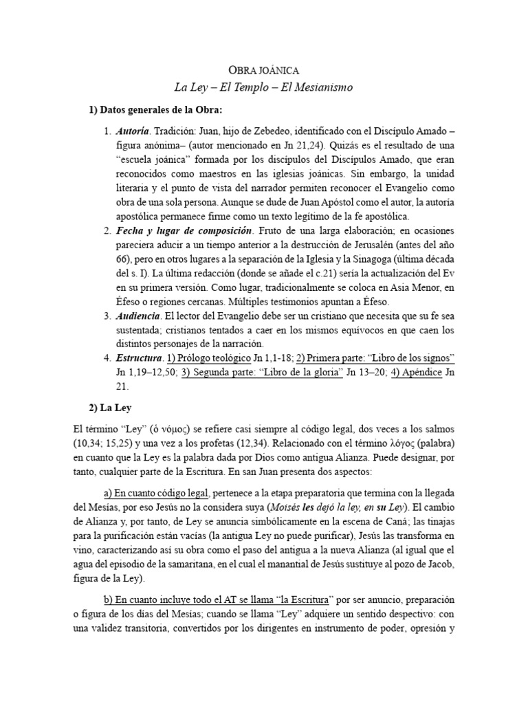 Obra Joánica. La Ley-El Templo-El Mesianismo | PDF | Evangelio de juan ...