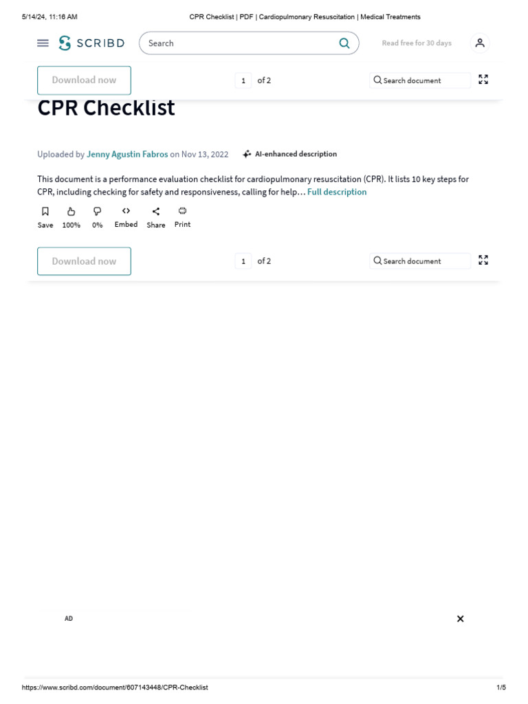 CPR Checklist - PDF - Cardiopulmonary Resuscitation - Medical ...