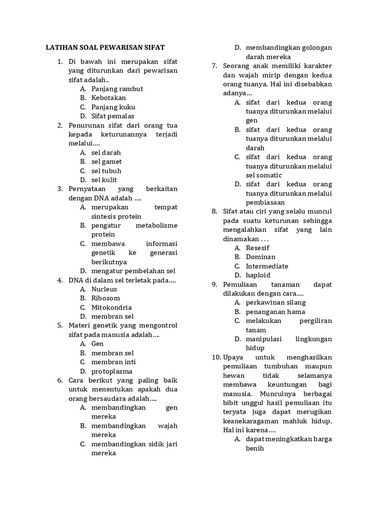 LATIHAN SOAL PEWARISAN SIFAT PILGAN | PDF