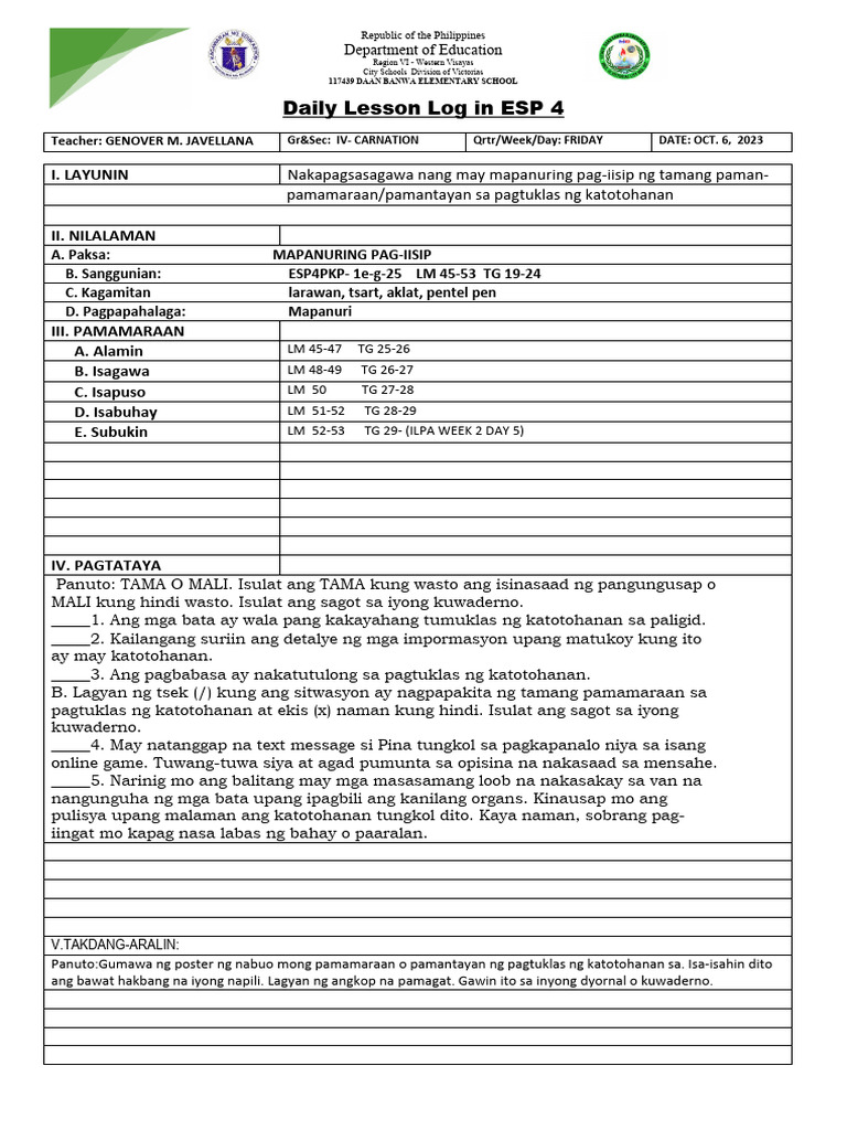 DLL ESP Q1 WEEK 4 Day 1 | PDF