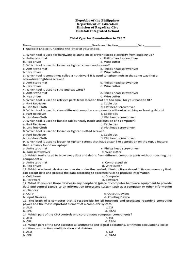 4TH Quarter Exam Tle | PDF | Central Processing Unit | Computer Data ...