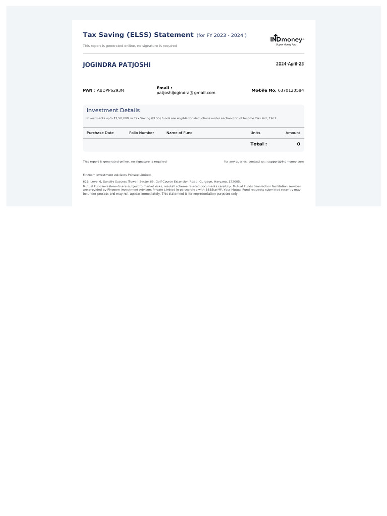ELSS Tax Saving Statement FY 2023-24 | PDF