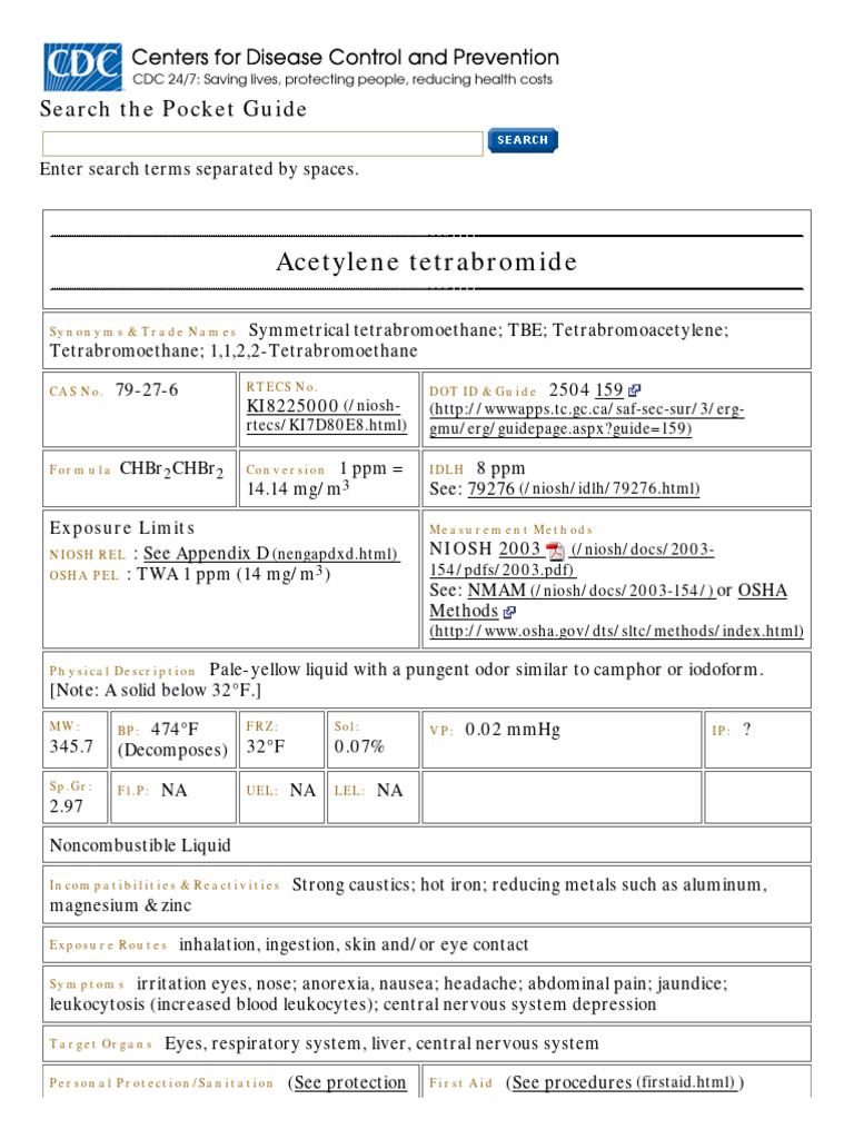 CDC - NIOSH Pocket Guide To Chemical Hazards - Acetylene Tet | Download ...