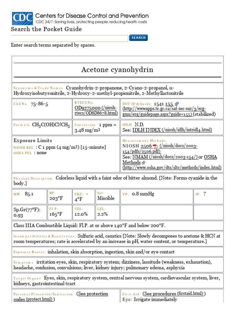 CDC - NIOSH Pocket Guide to Chemical Hazards - Acetone cyano | PDF ...