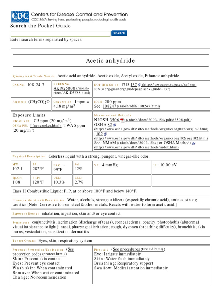 CDC - NIOSH Pocket Guide To Chemical Hazards - Acetic Anhydr | PDF ...