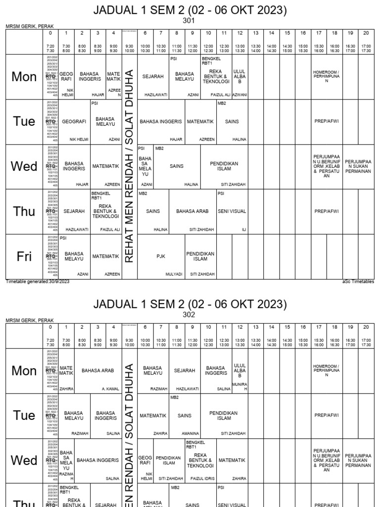 Jadual 1 (Semester 2 2023) Tingkatan 3-1 | PDF