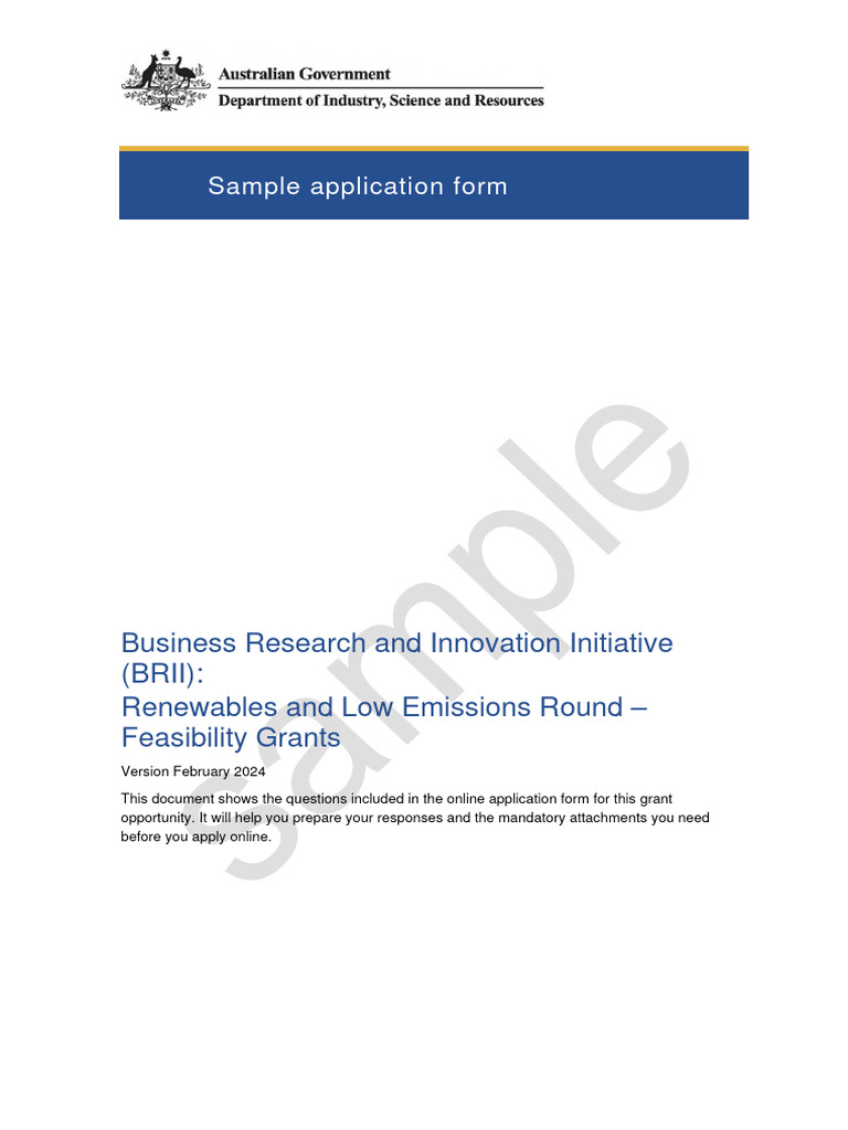 BRII Renewables and Low Emissions Sample Application Form - Feasibility ...