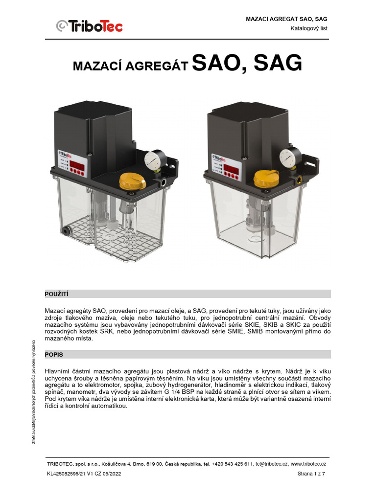 Tribotec SAO, SAG Single Line Pumps CZ 2022 | PDF