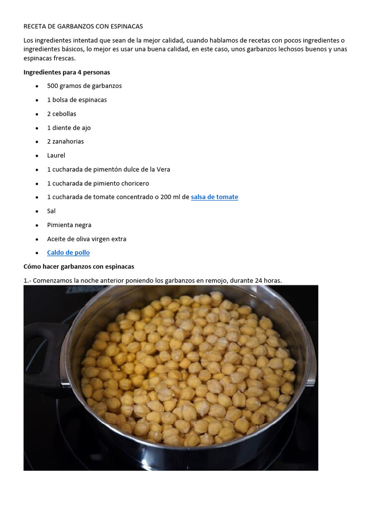 RECETA DE GARBANZOS Con Espinacas | PDF | ensalada | Garbanzo