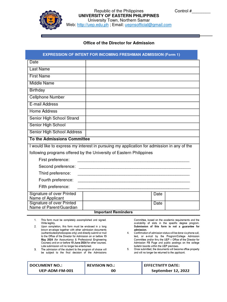 2B1_Expression of Intent for Incoming Freshman Admission_2024-2025 | PDF | Bachelor Of Science ...