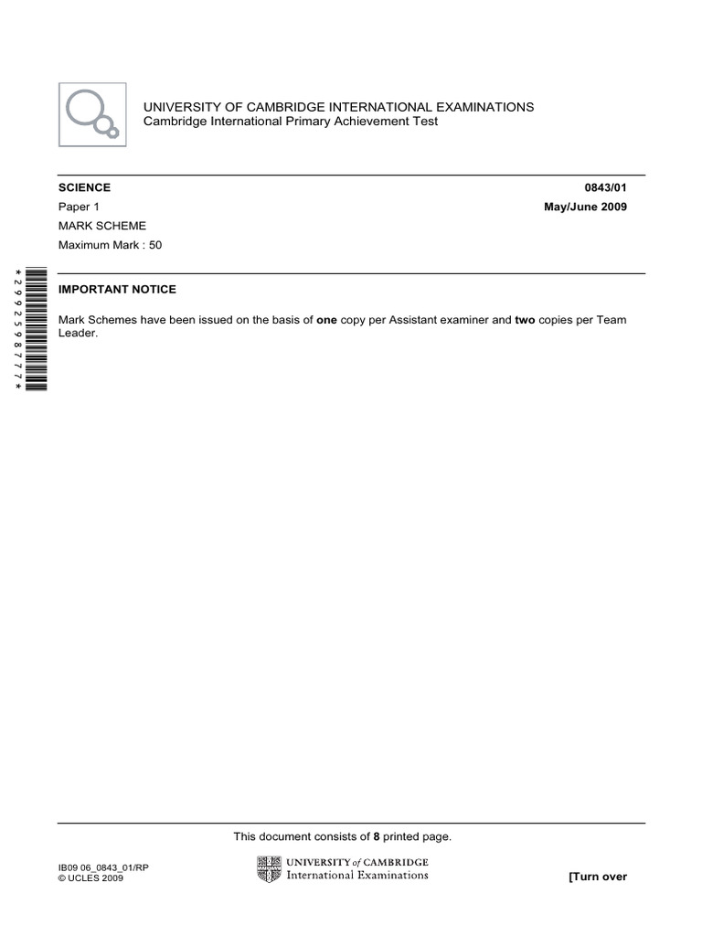 Primary Checkpoint - Science (0843) June 2009 Paper 1 MS | PDF | Water