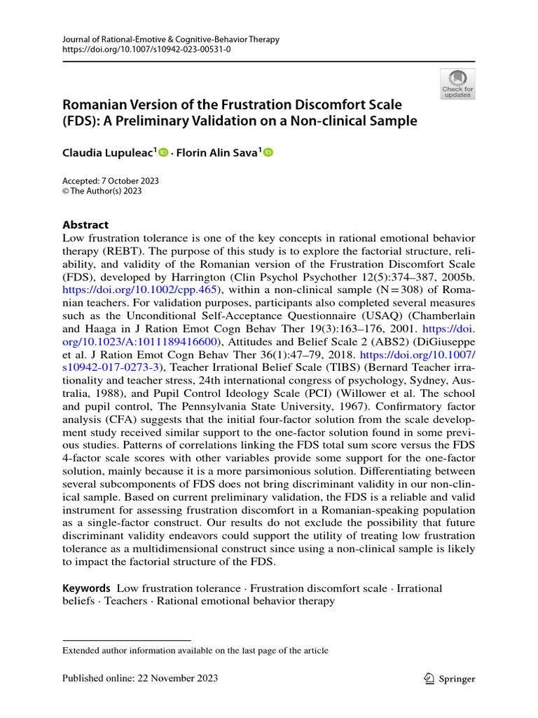 Romanian Version of the Frustration Discomfort Scale | PDF | Rational ...