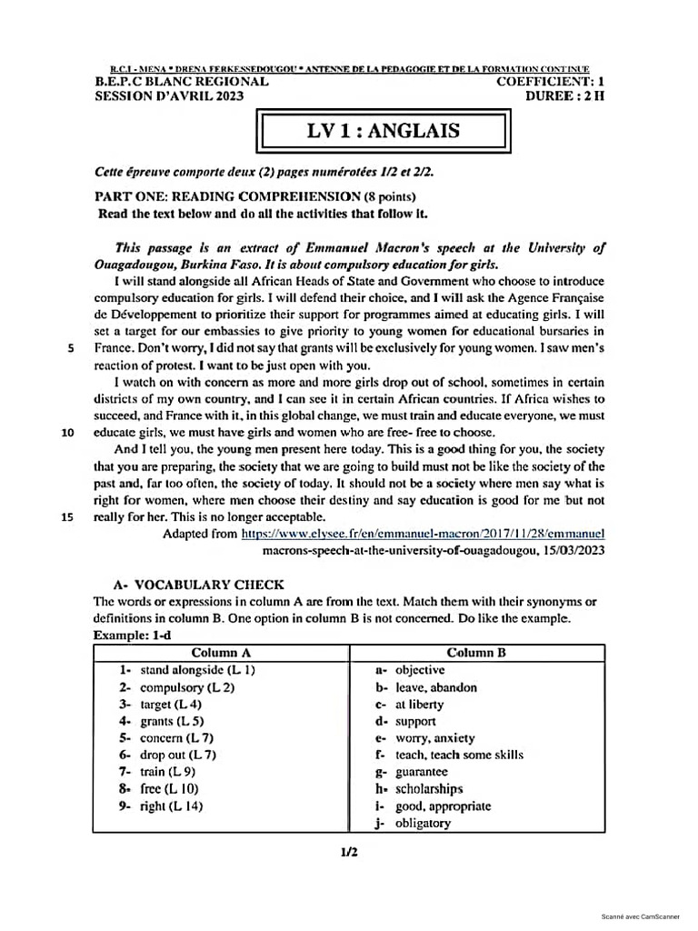 Sujet Bepc Blanc 2023 Anglais LV1 Regional Cote D'ivoire | PDF