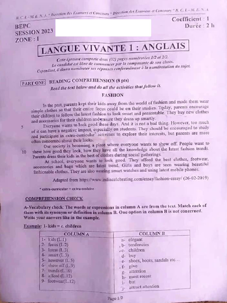 SUJET BEPC 2023 ANGLAIS Zone-1 COTE D'IVOIRE | PDF