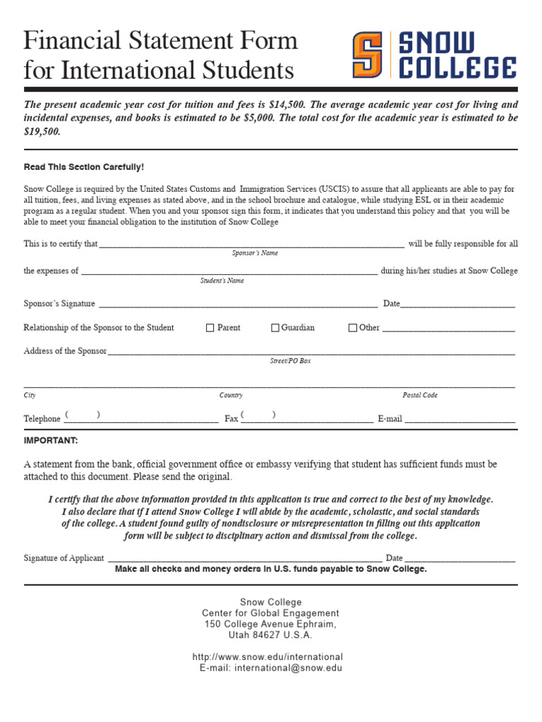 Financial Form for Int'l Students | PDF