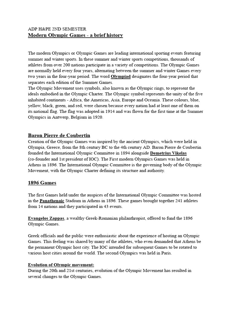 Adp H&pe 2ND Semester Modern Olympics | PDF | Olympic Games | Sports