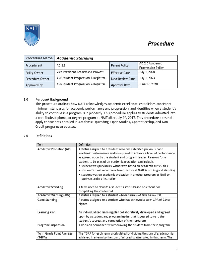 AD 2.1 Academic Standing Procedure | PDF | Educational Stages