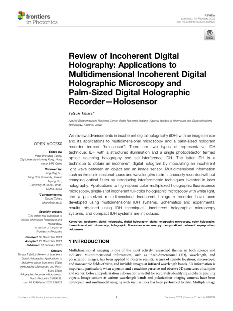 Incoherent Digital Holography Review | PDF | Holography | Coherence ...