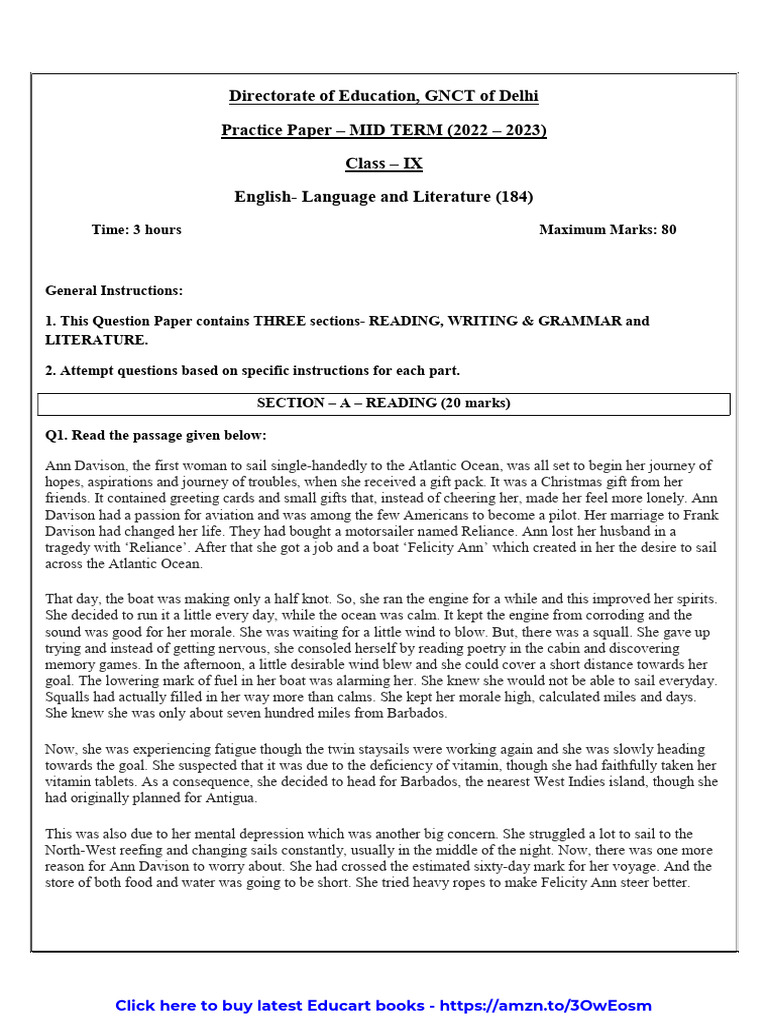 Class 9 English Language & Literature Practice Paper 2022-23 | PDF ...