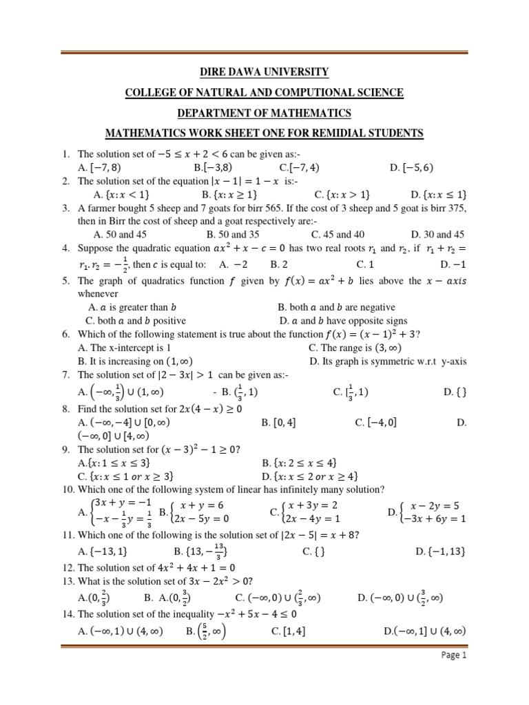 Remidial Chapter 1 Work Sheet | Download Free PDF | Inequality ...