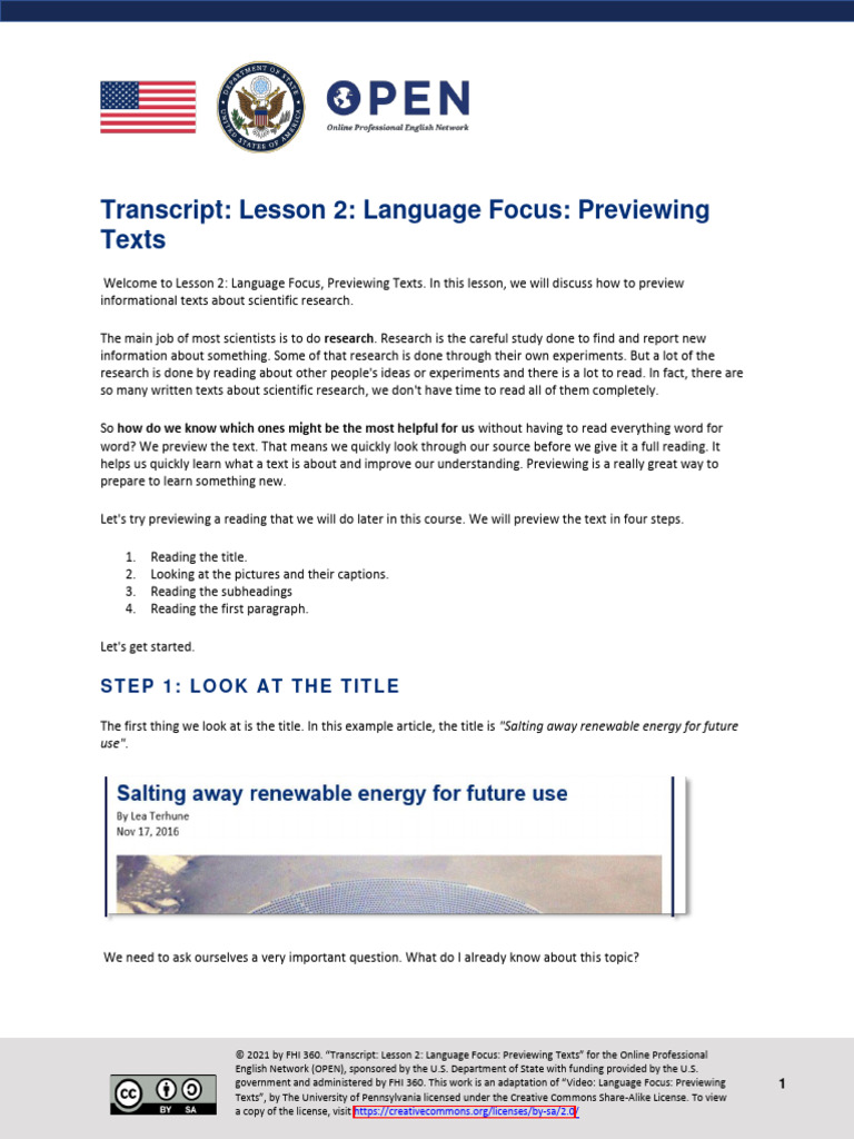 Transcript Lesson 2 Language Focus Previewing Texts | PDF | Information ...