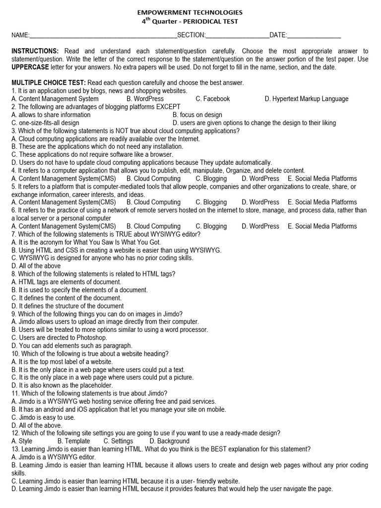 4th Quarter Periodical Test Questionnaire ETECH 2024 | PDF | Websites ...