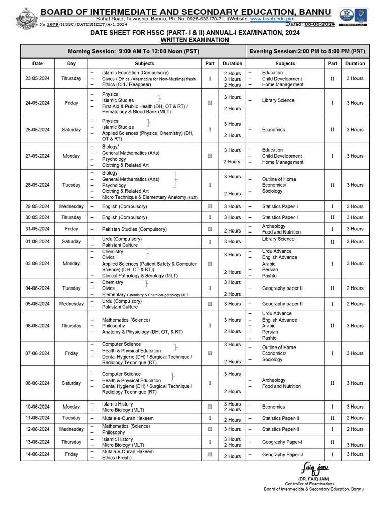Date Sheet HSSC A-I 2024 Fina | PDF | Science | Pathology