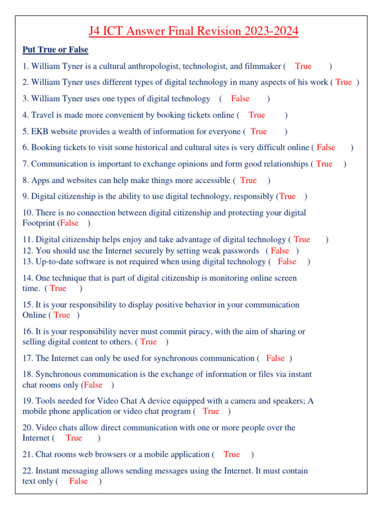 ICT True/False Quiz for 2023-2024 | PDF | Online Chat | Educational ...
