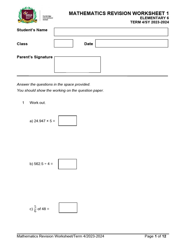EL6 Mathematics Revision Worksheet 1 Term 4 SY 2023-2024 | PDF | Area ...
