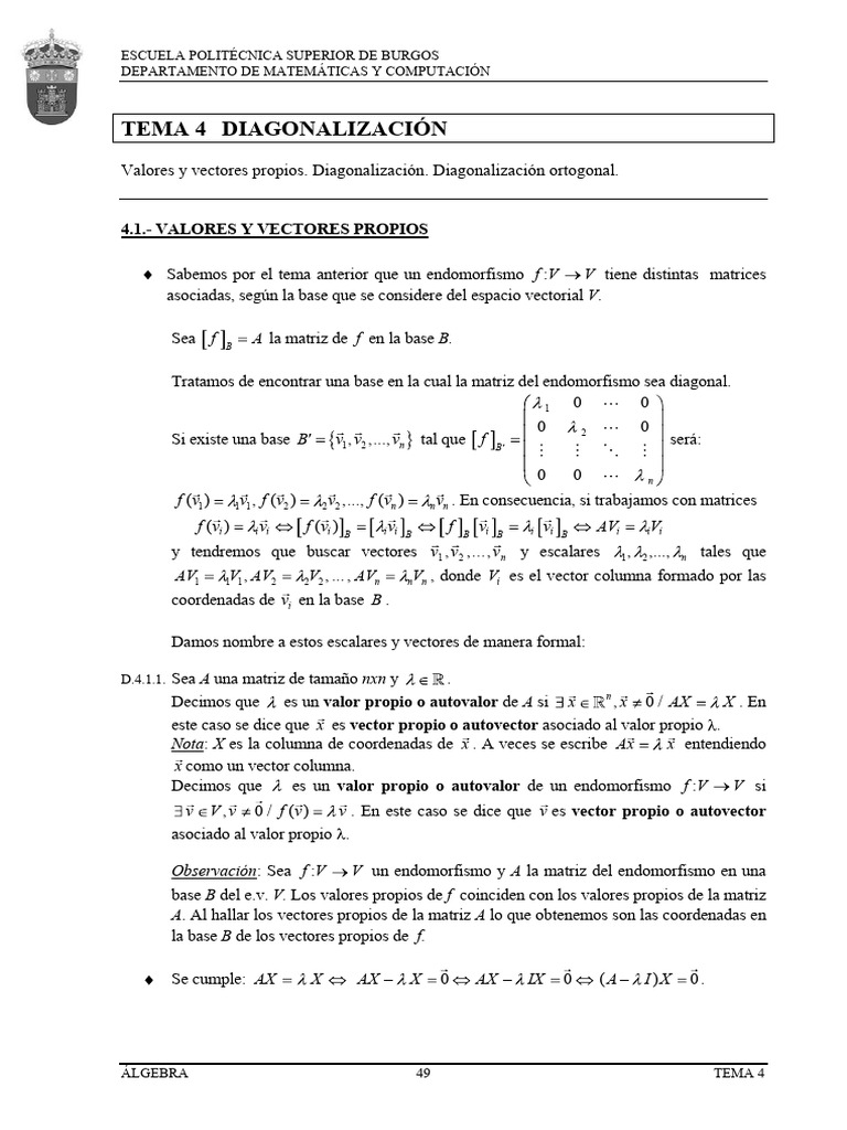 Tema 4 - Diagonalización | PDF | Valores propios y vectores propios | Matriz (Matemáticas)