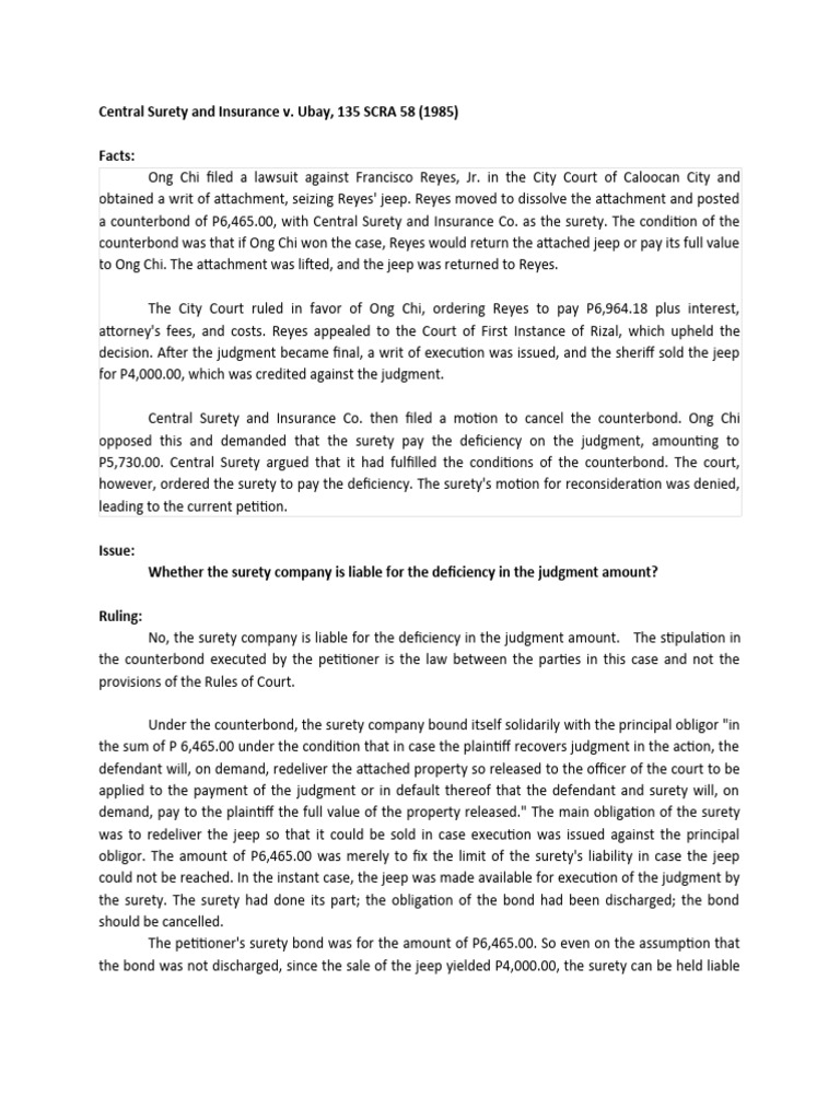 40 Central Surety and Insurance V Ubay | PDF | Surety | Judgment (Law)