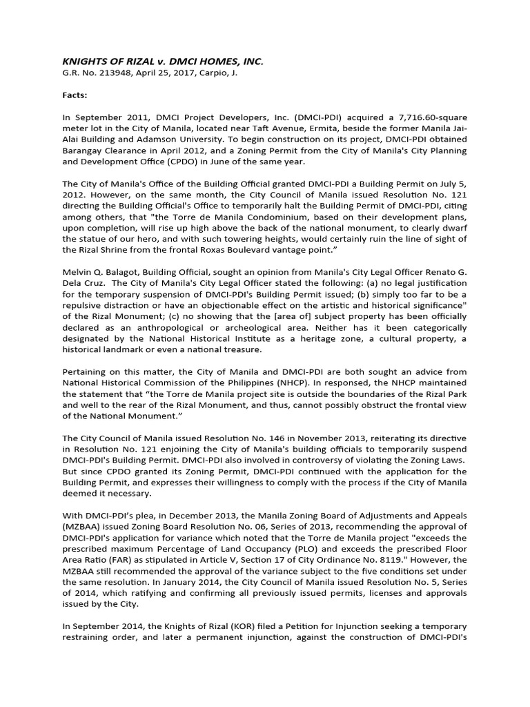 CASE DIGEST 1-Knights of Rizal v. DMCI Homes, G.R. No. 213948 (2017) | PDF | Mandamus | Justice