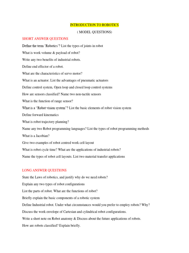 Introduction to Robotics Q&A | PDF | Actuator | Robotics