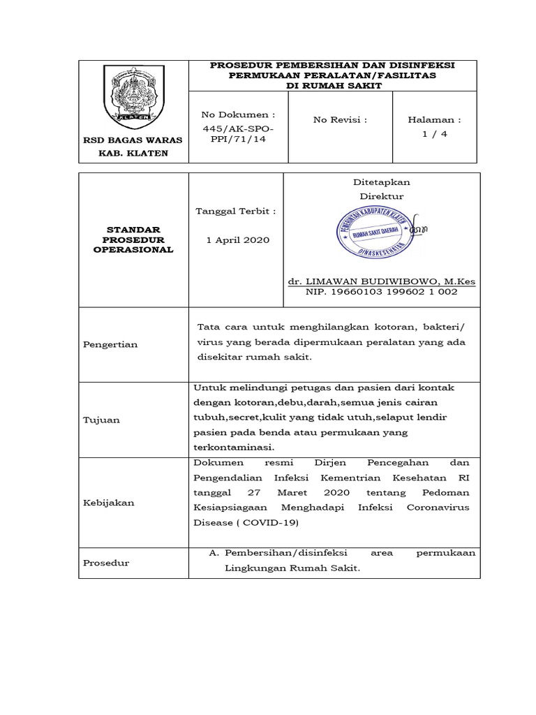 12 13 SPO Pembersihan Dan Disinfeksi Permukaan PeralatanFasilitas Di Rumah Sakit | PDF